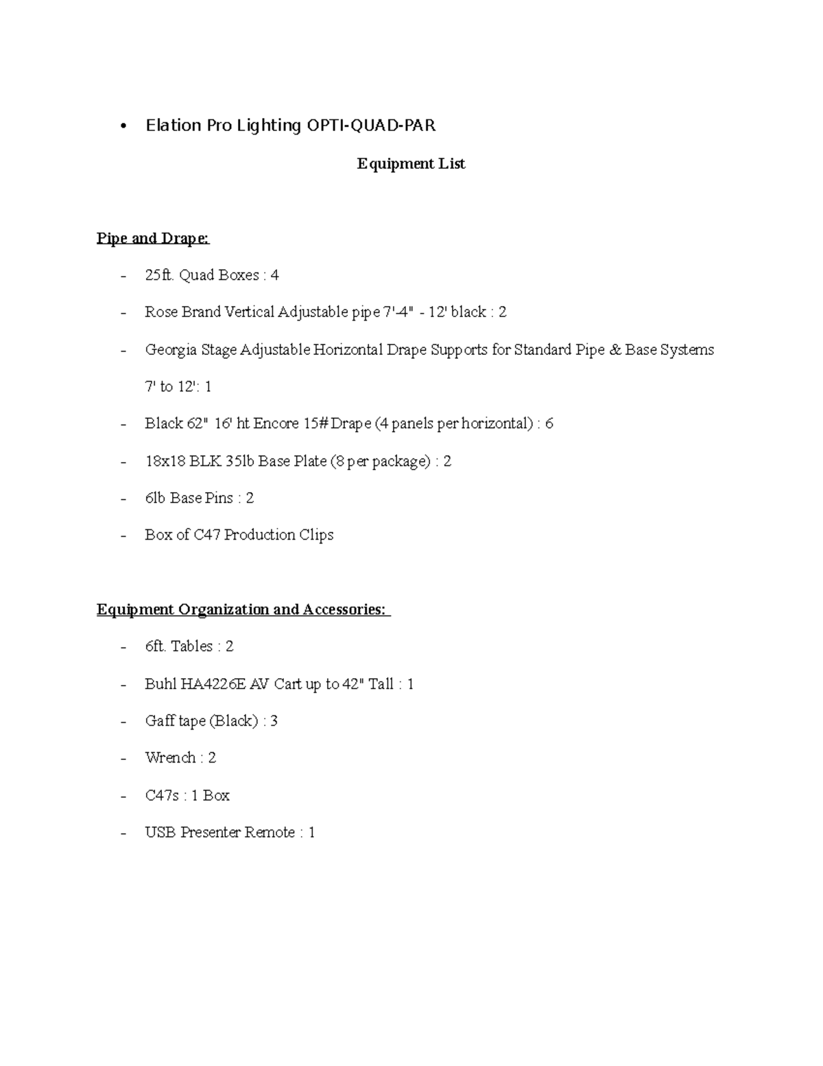 AUD229 Lab Final Equipment List - Elation Pro Lighting OPTI-QUAD-PAR ...