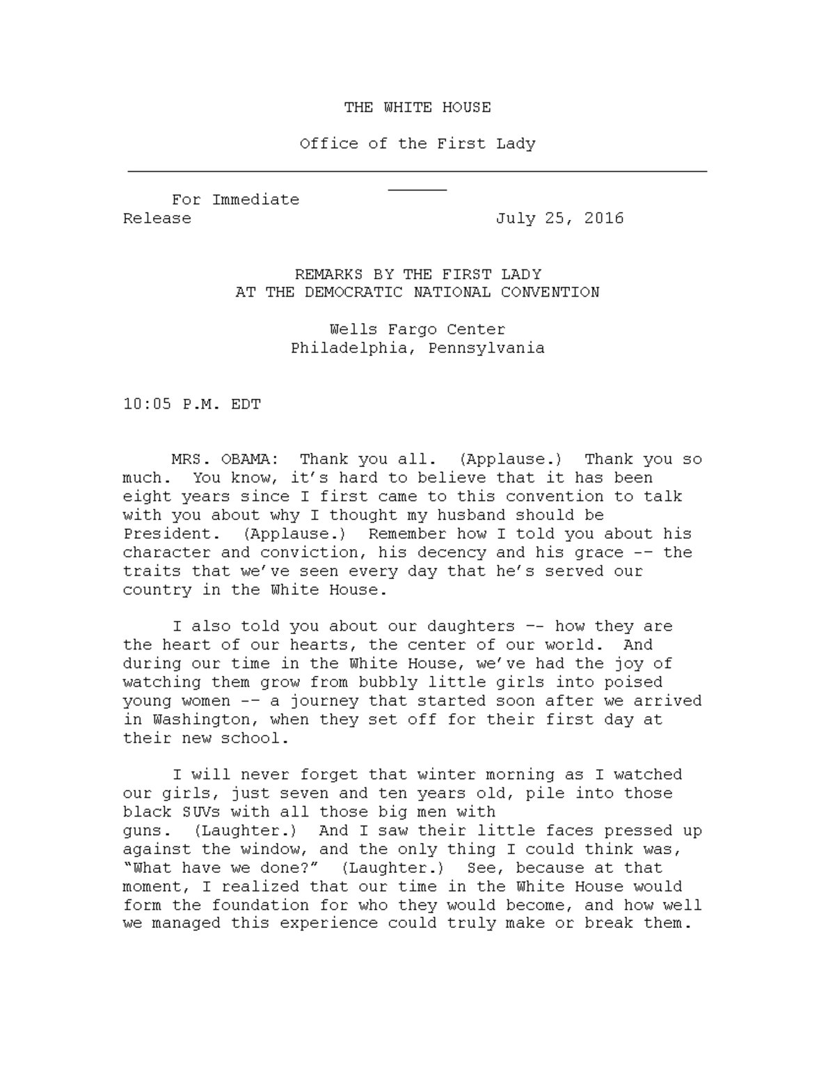 2016 michelle obama speech prepared remarks - THE WHITE HOUSE Office of ...