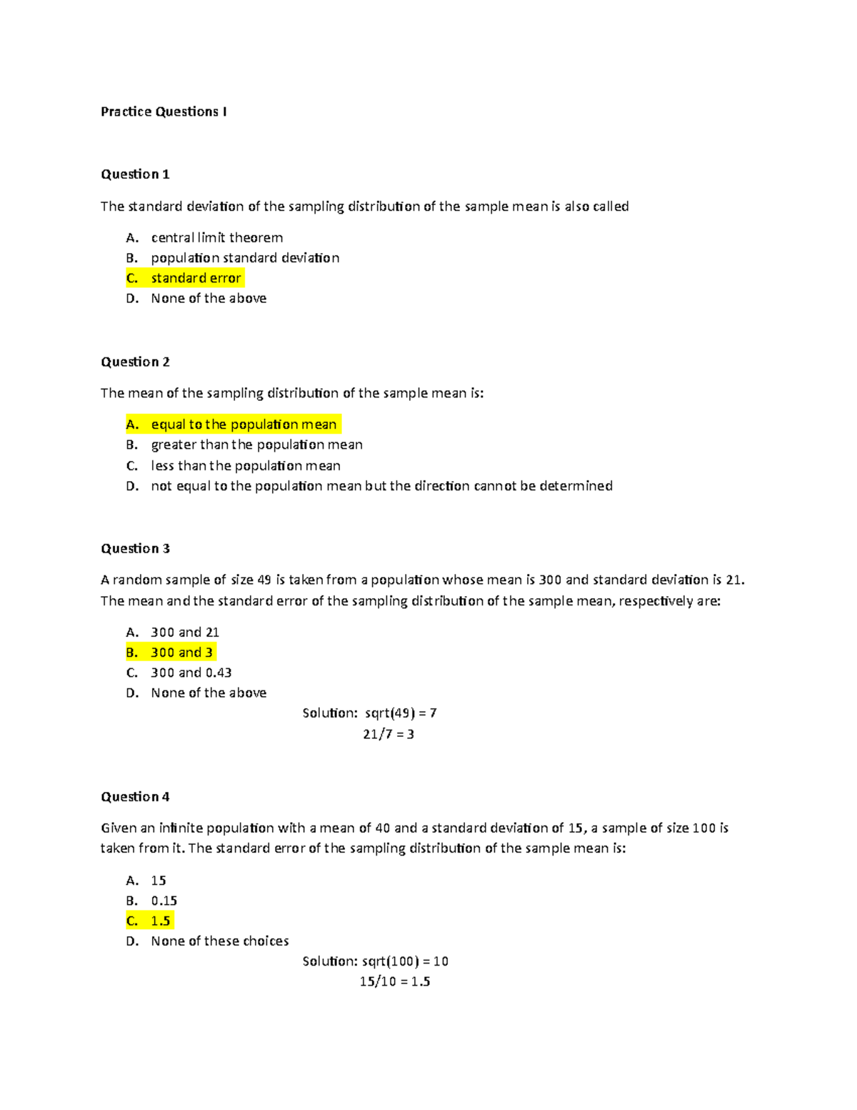 Practice Questions Ch 7 - Practice Questions I Question 1 The standard ...