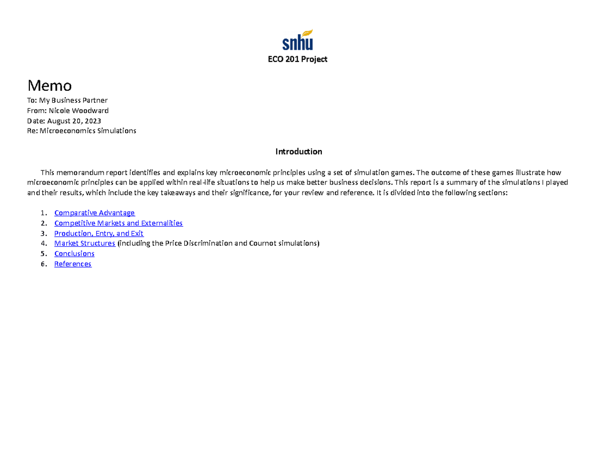 ECO 201 Project Woodward (1) - ECO 201 Project Memo To: My Business ...