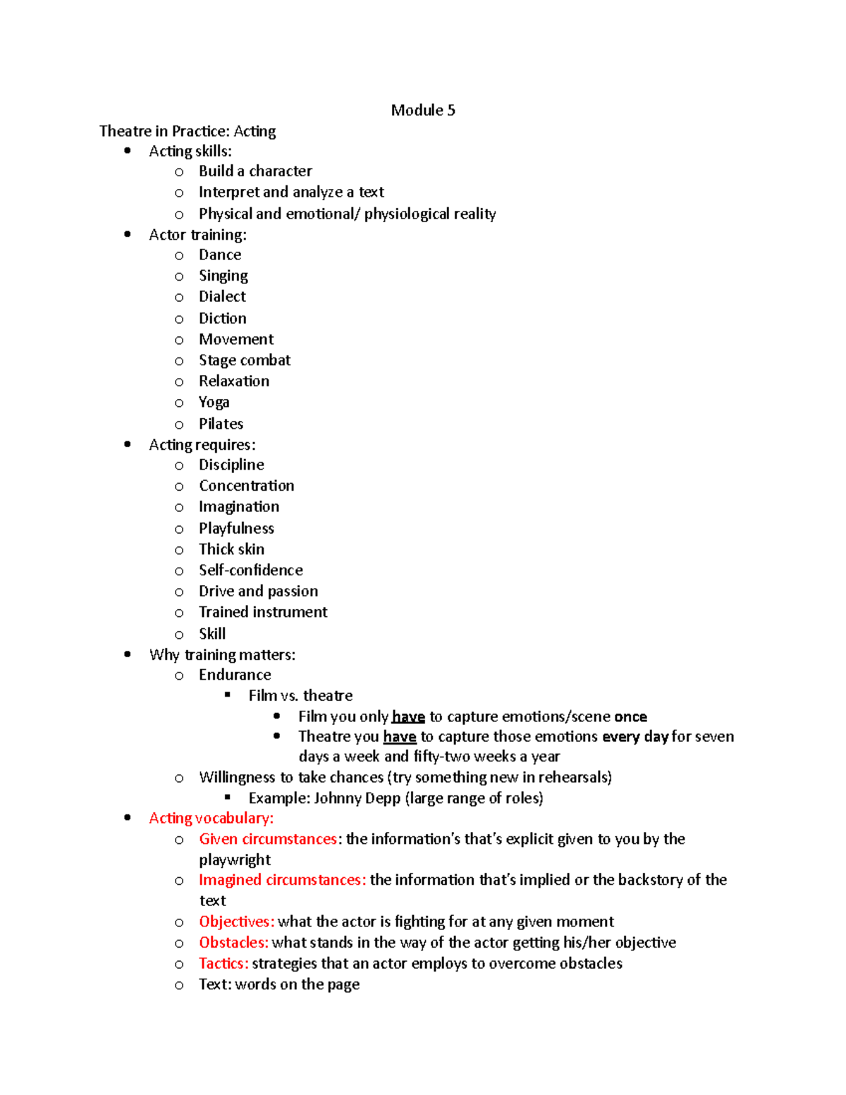 THE2000 Final Exam Notes - Module 5 Theatre in Practice: Acting Acting ...