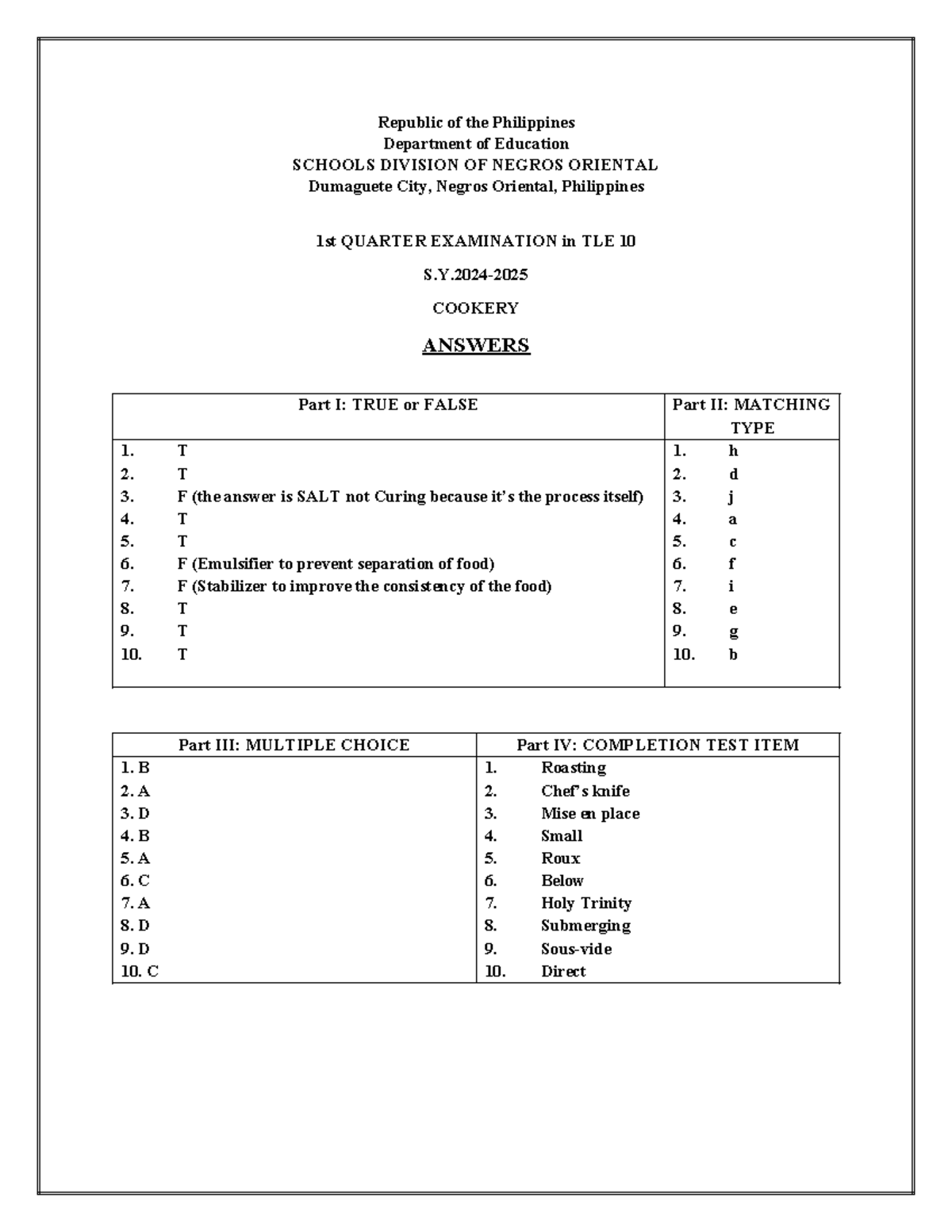 Answers for 1st Quarter Examination in TLE 10 - Republic of the ...