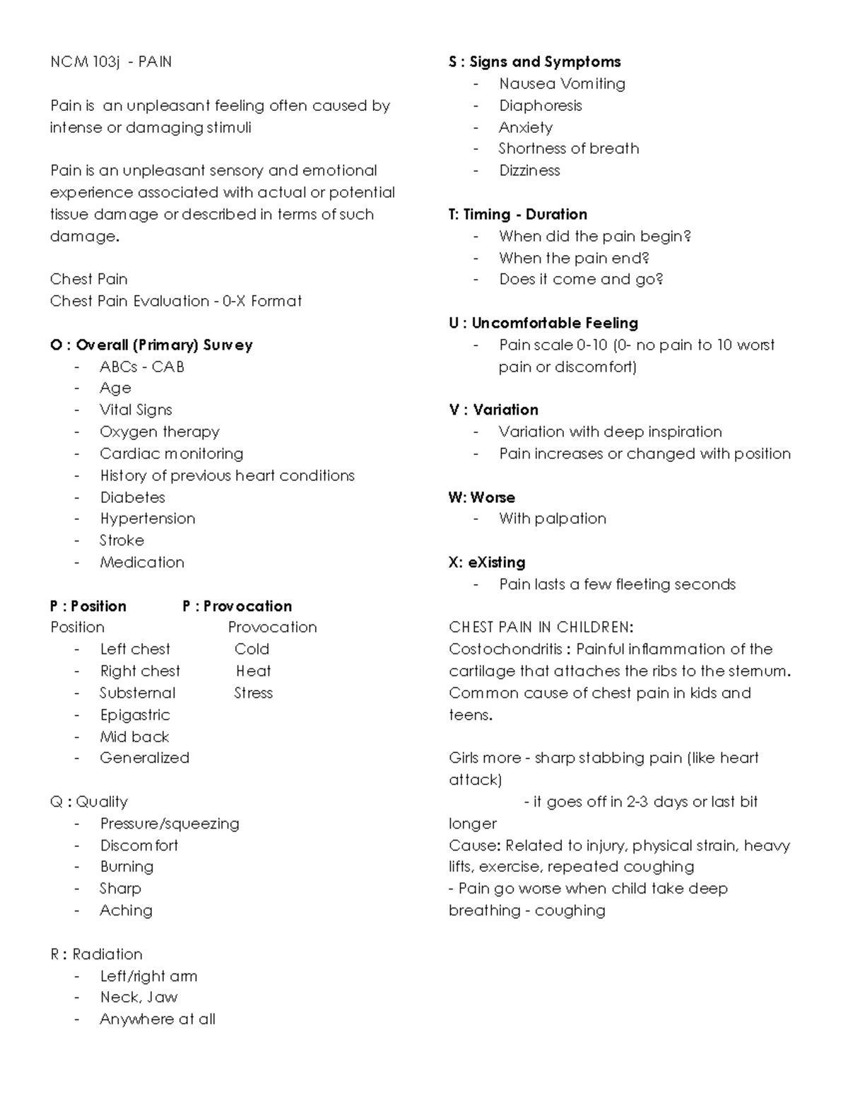 Chest Pain Notes - health assessment - NCM 103j - PAIN Pain is an ...