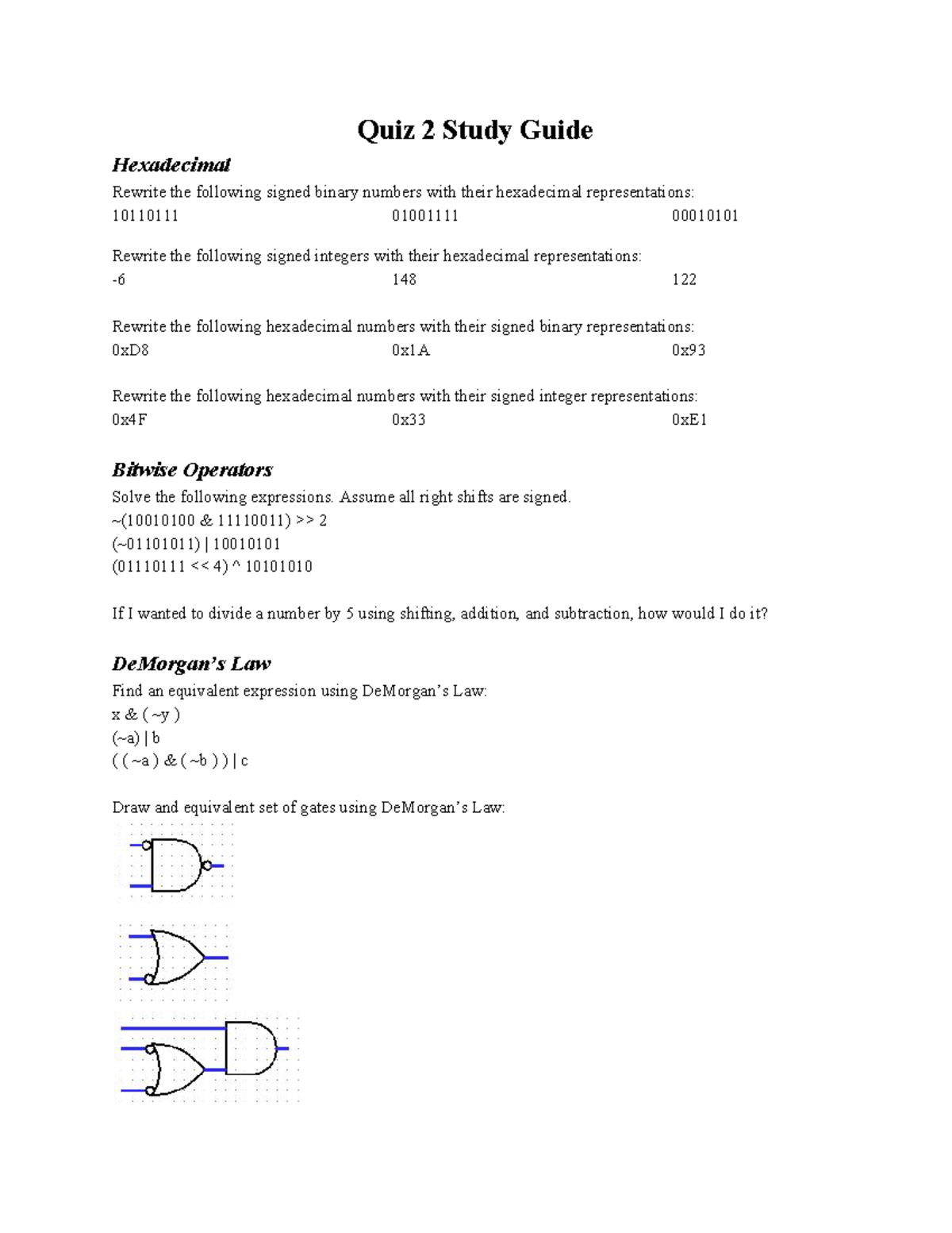 FA17 Quiz 2 Study Guide - Practice Quizzes - Quiz 2 Study Guide Hexadecimal Rewrite the ...