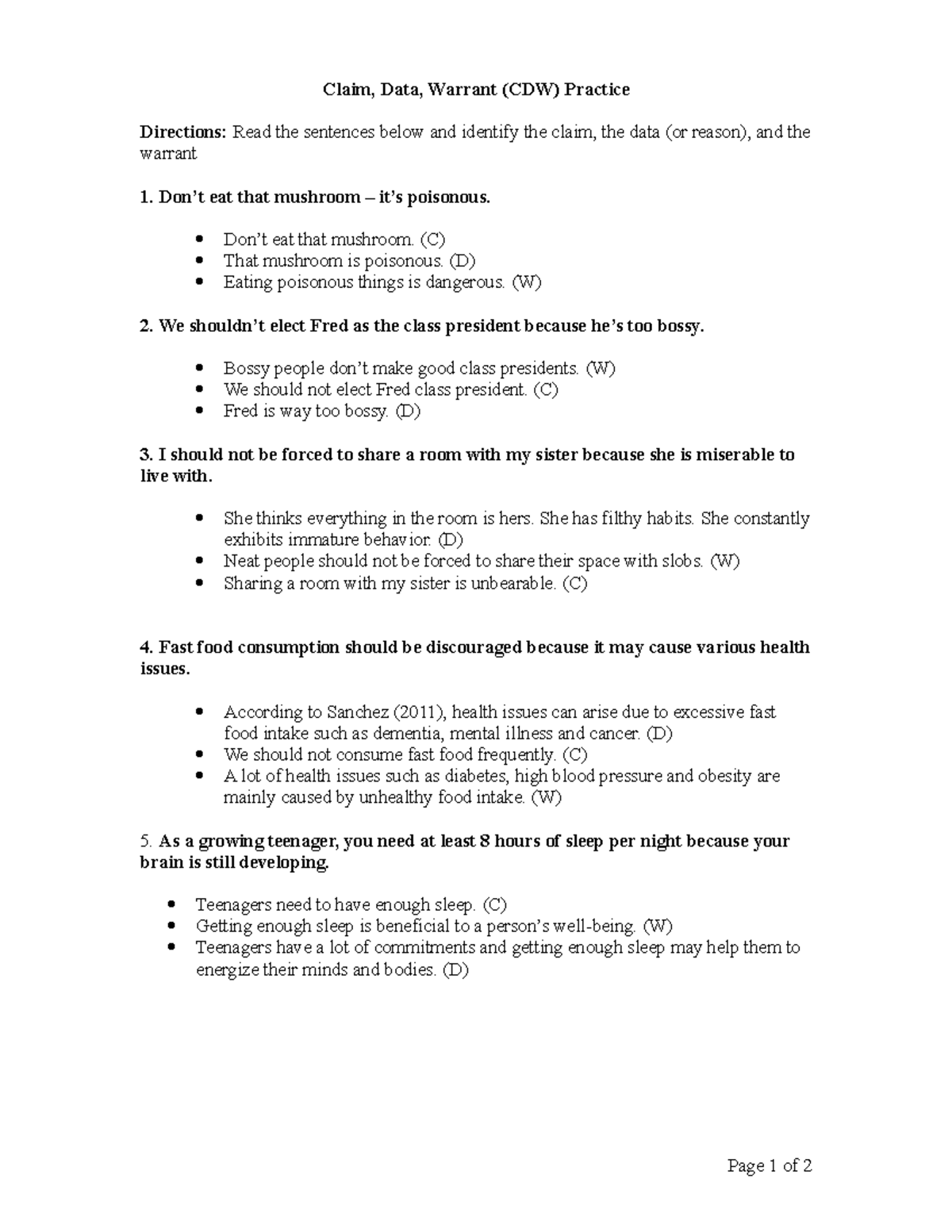 CDW Practice Basic Skills (QP) - Claim, Data, Warrant (CDW) Practice Directions: Read the ...