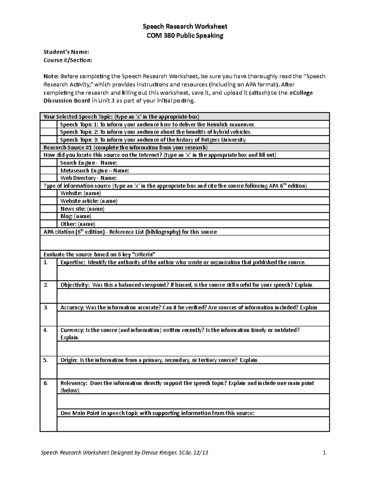 Library Research Worksheet - Speech Research Worksheet COM 380 Public ...