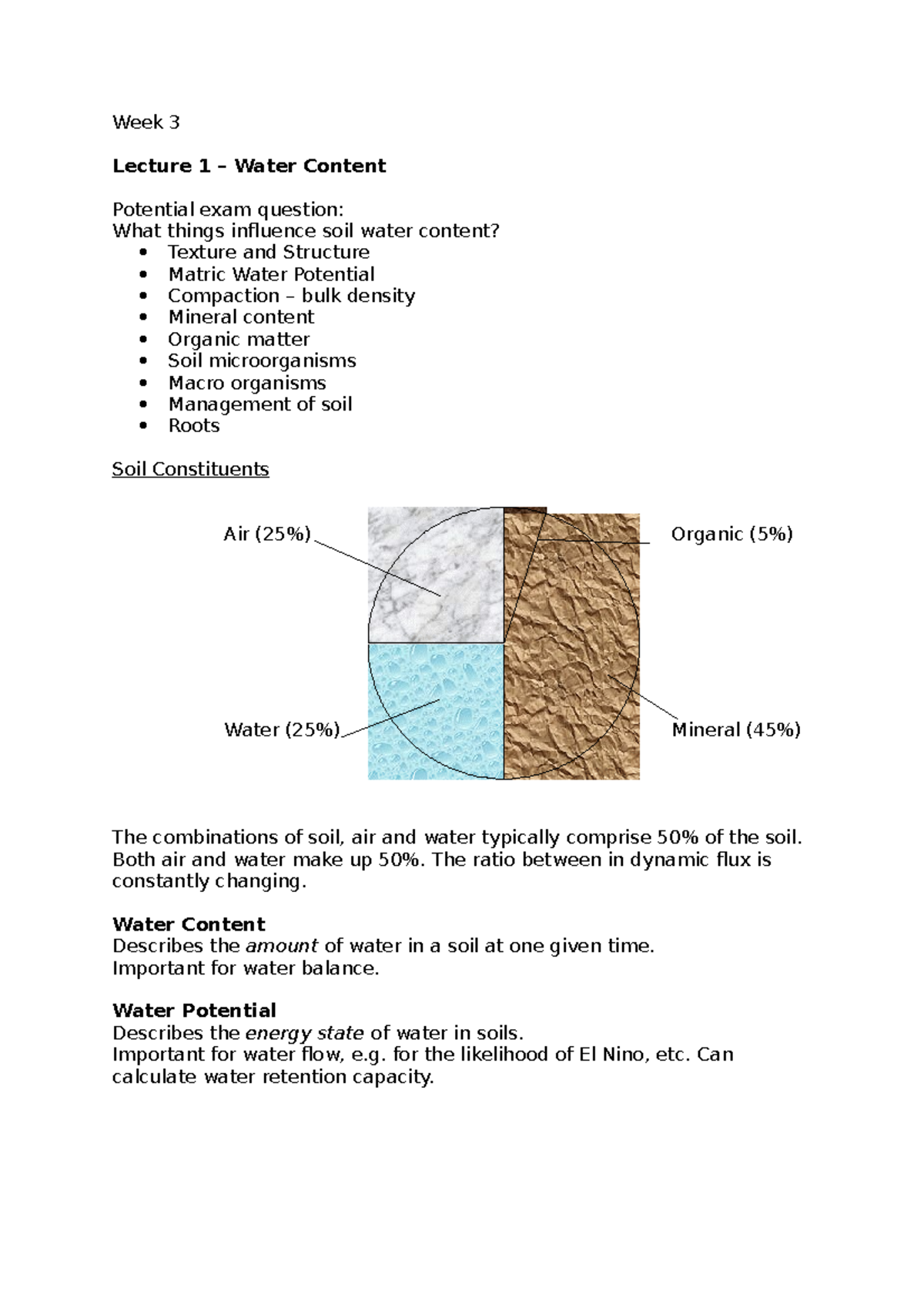 C123E3 Week 3 Soil Science - Week 3 Lecture 1 – Water Content Potential ...
