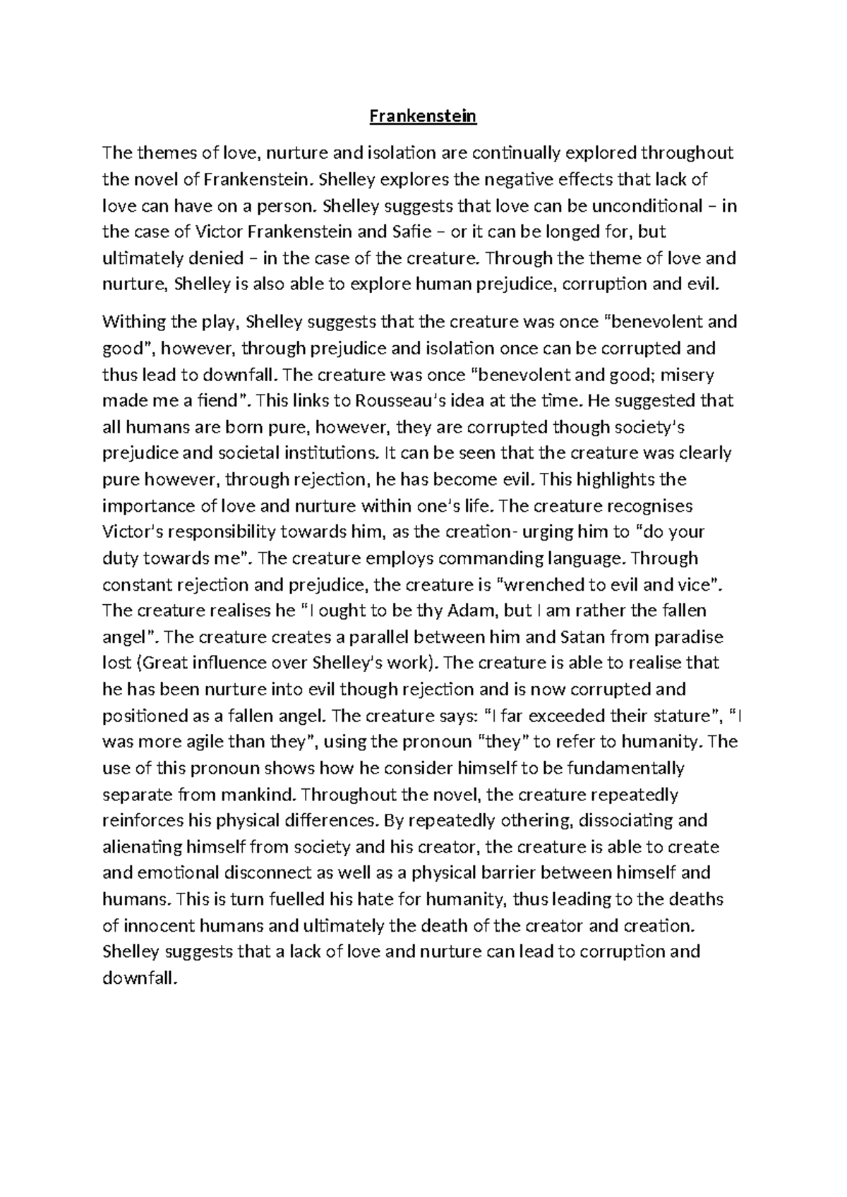 Frankenstein GCSE final - Frankenstein The themes of love, nurture and ...