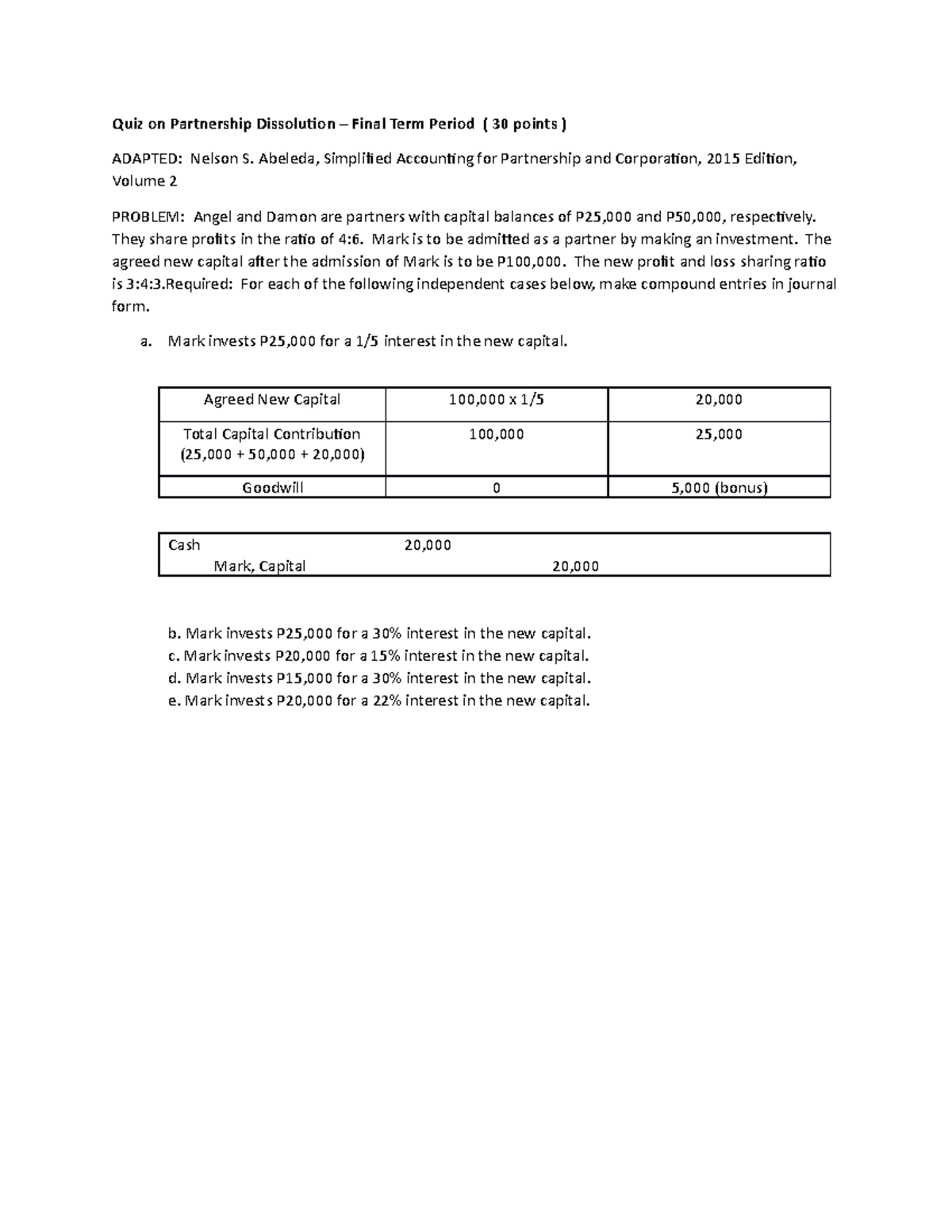 Quiz on Partnership Dissolution - Final Term Period - Abeleda, Simplified Accounting for ...
