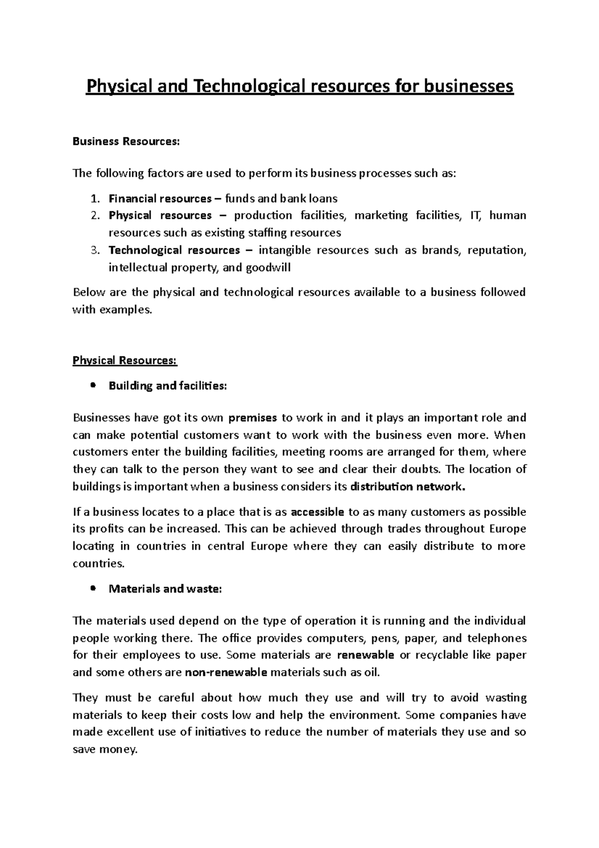 Physical and technological resources for businesses - Physical ...
