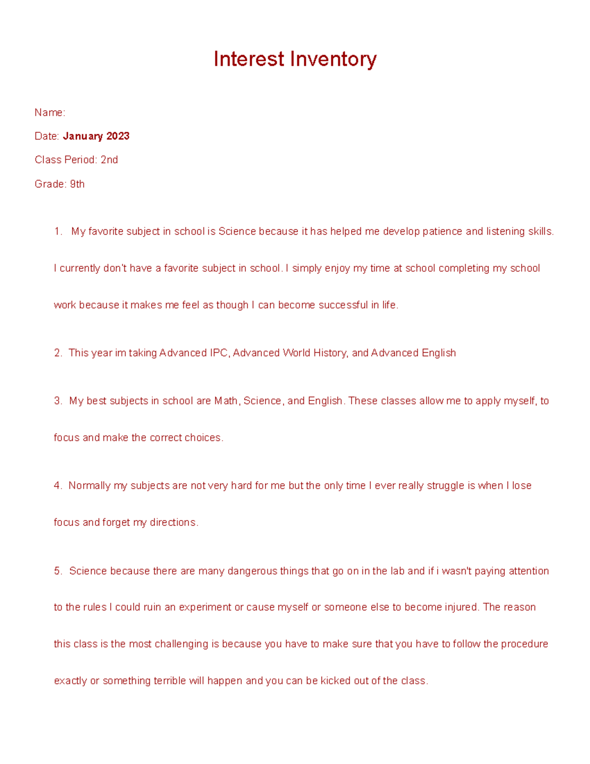 Interest Inventory - Complete instructor given notes. - Interest ...