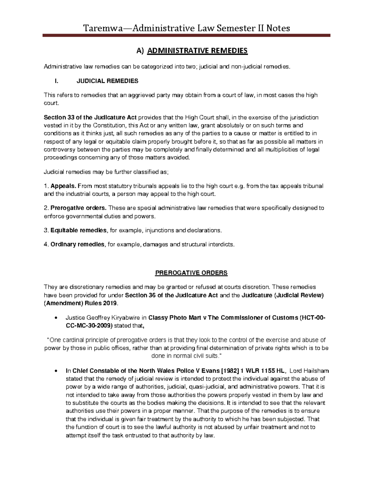 Taremwa-Administrative Law Remedies - A) ADMINISTRATIVE REMEDIES ...