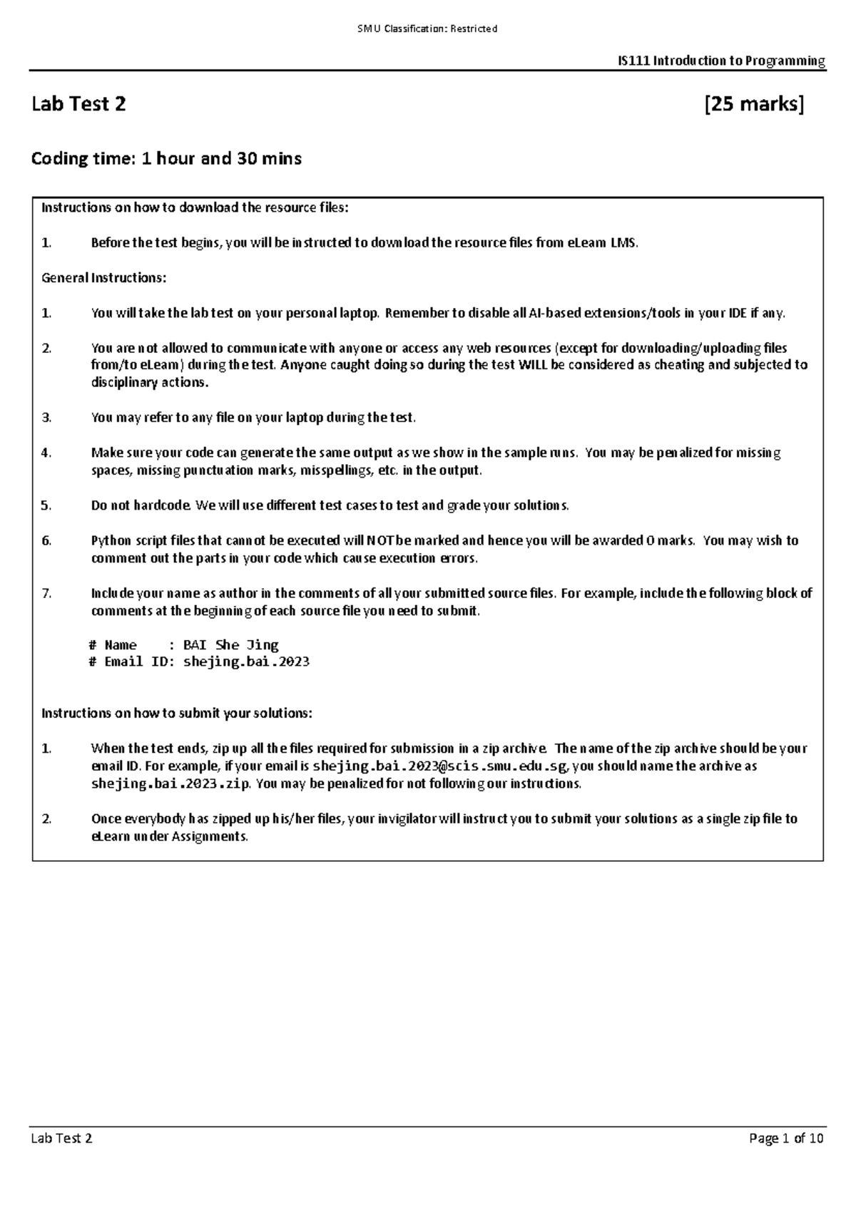LT2-v1 - Lab Test 2 - IS111 Introduction to Programming Lab Test 2 [25 ...