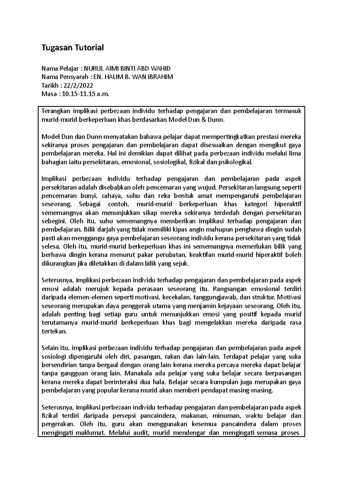Tutorial 7 - MURID DAN PEMBELAJARAN - Tugasan Tutorial Nama Pelajar : NURUL AIMI BINTI ABD WAHID ...