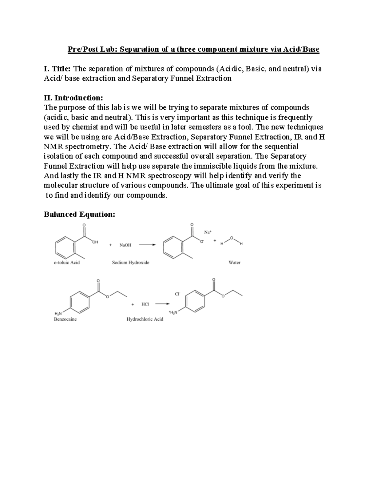 Pre:Post-Lab-Seperation of a Three-Component Mixture via Acid:Base Extraction - Pre/Post Lab ...