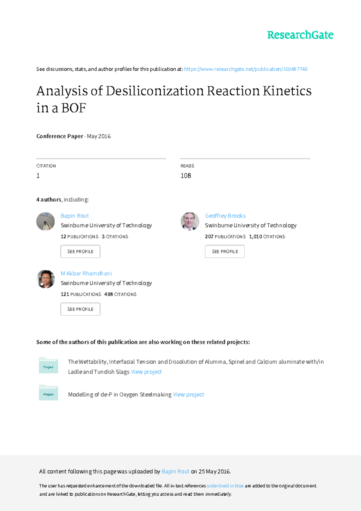 Analysis of Desiliconization Reaction kinetics in a BOF - See ...