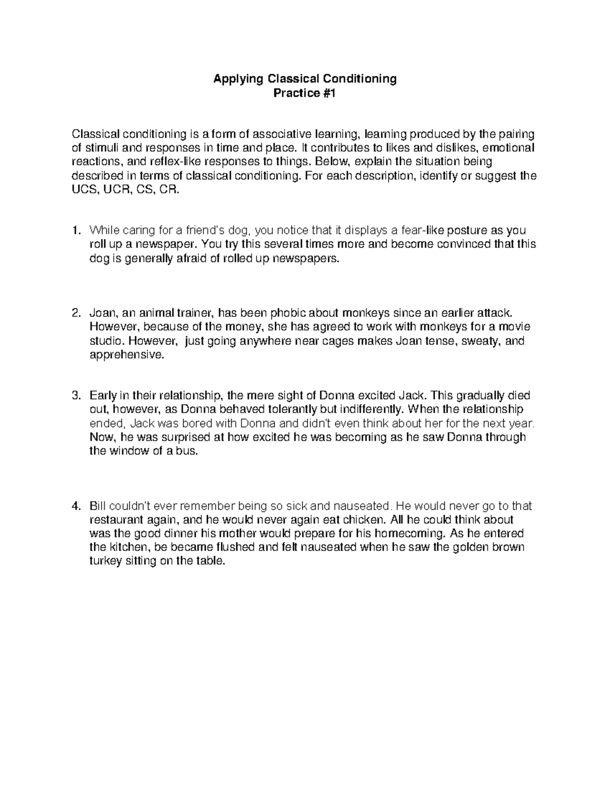 CC practice 1 (with KEY) - Applying Classical Conditioning Practice ...