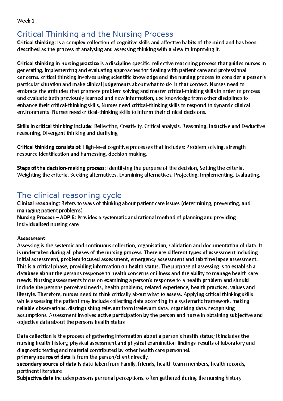 Model answers:case studies - Week 1 Critical Thinking and the Nursing ...