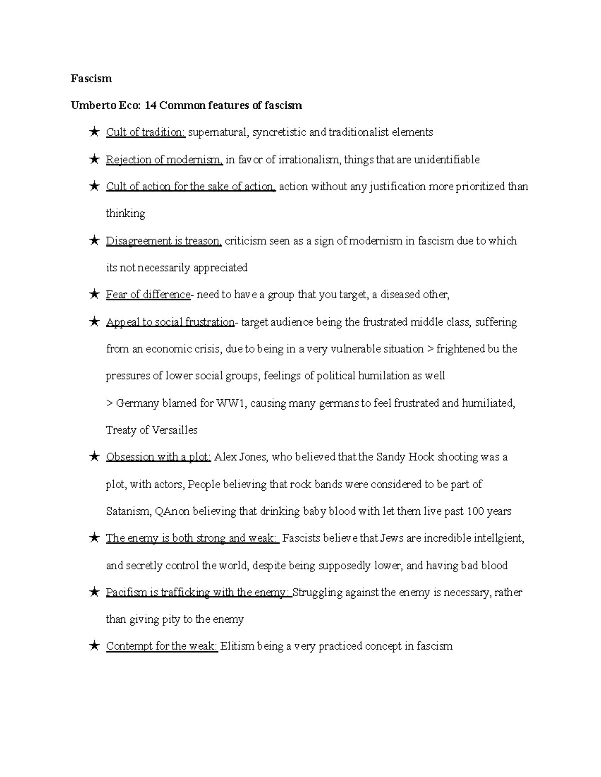 Fascism - notes - Fascism Umberto Eco: 14 Common features of fascism ...