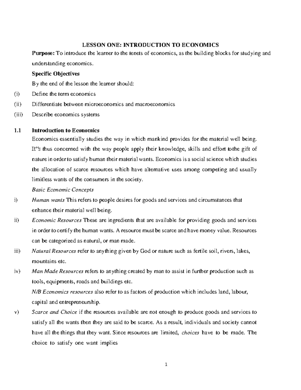 2 . Lesson ONE - NOTES - LESSON ONE: INTRODUCTION TO ECONOMICS Purpose ...