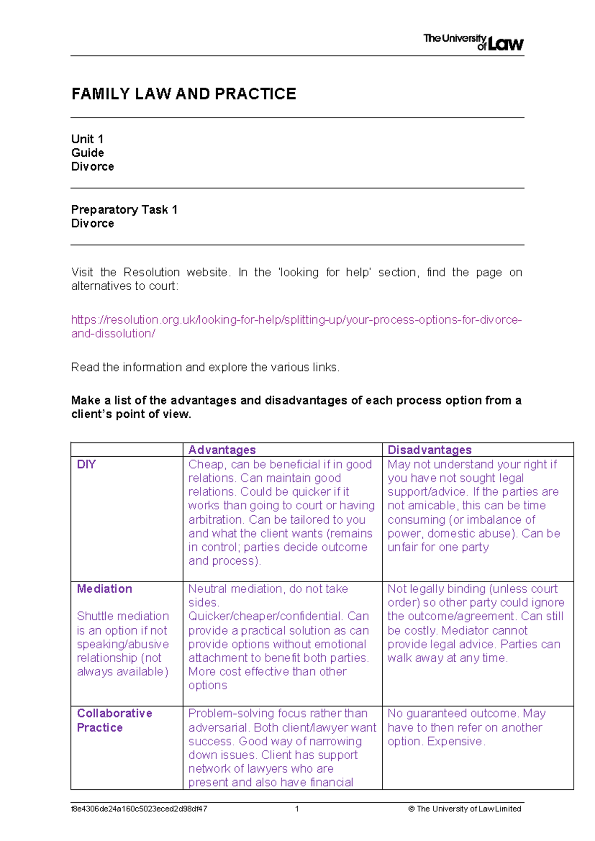 Workshop 1 - Divorce - FAMILY LAW AND PRACTICE Unit 1 Guide Divorce ...