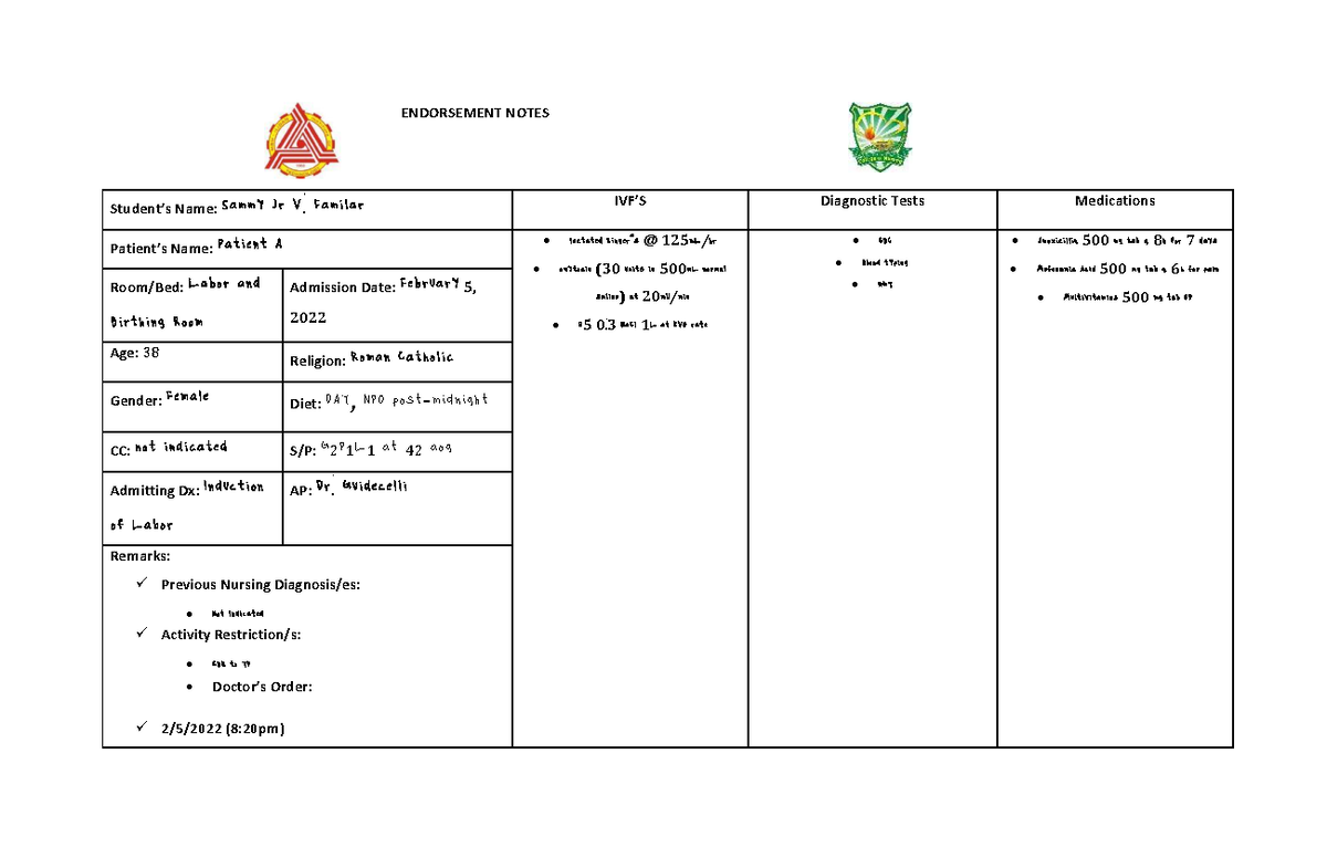Endorsement Notes (This is only 1 one of the duty forms for the case ...
