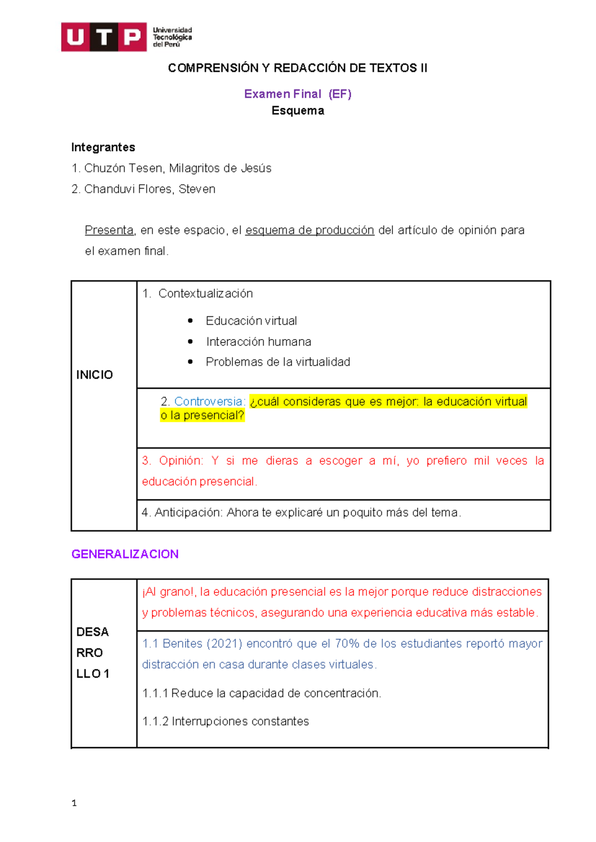 Esquema para Examen Final (EF) - COMPRENSIÓN Y REDACCIÓN DE TEXTOS II Examen Final (EF) Esquema ...