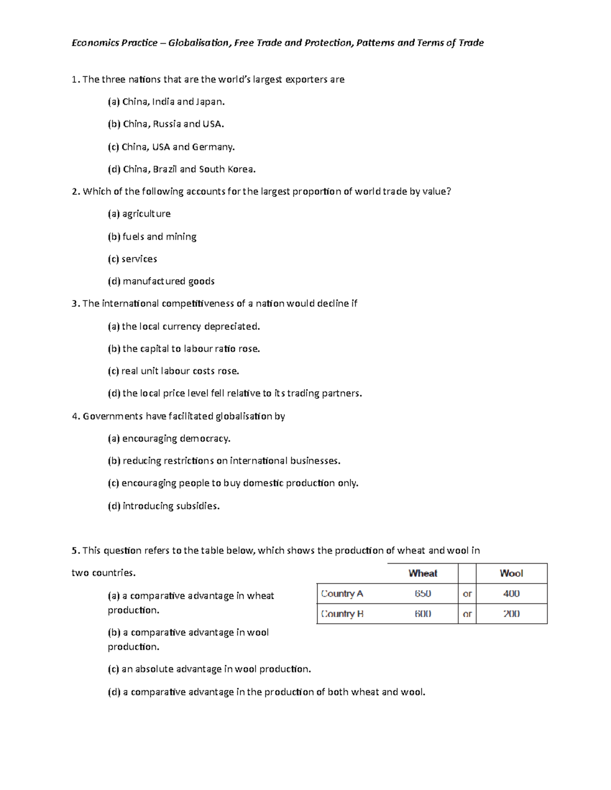 Economics Practice – Globalisation, Free Trade and Protection, Patterns ...