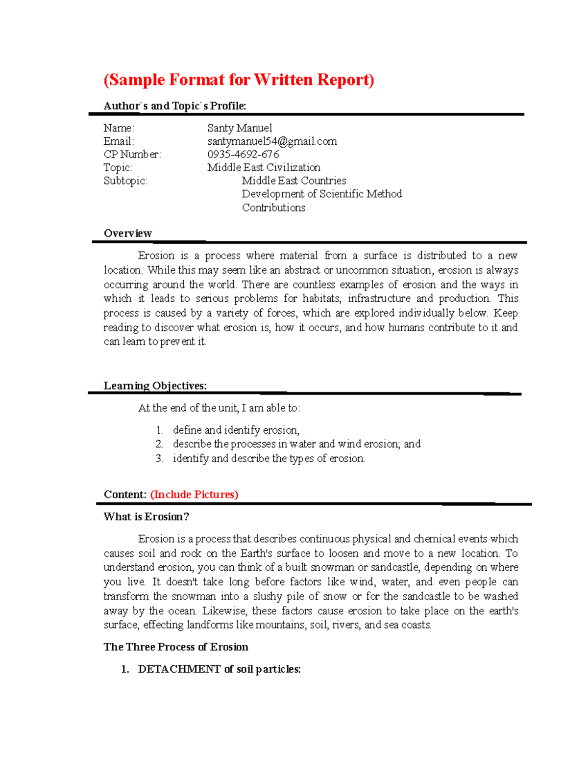 Sample Format for Written Report - (Sample Format for Written Report ...