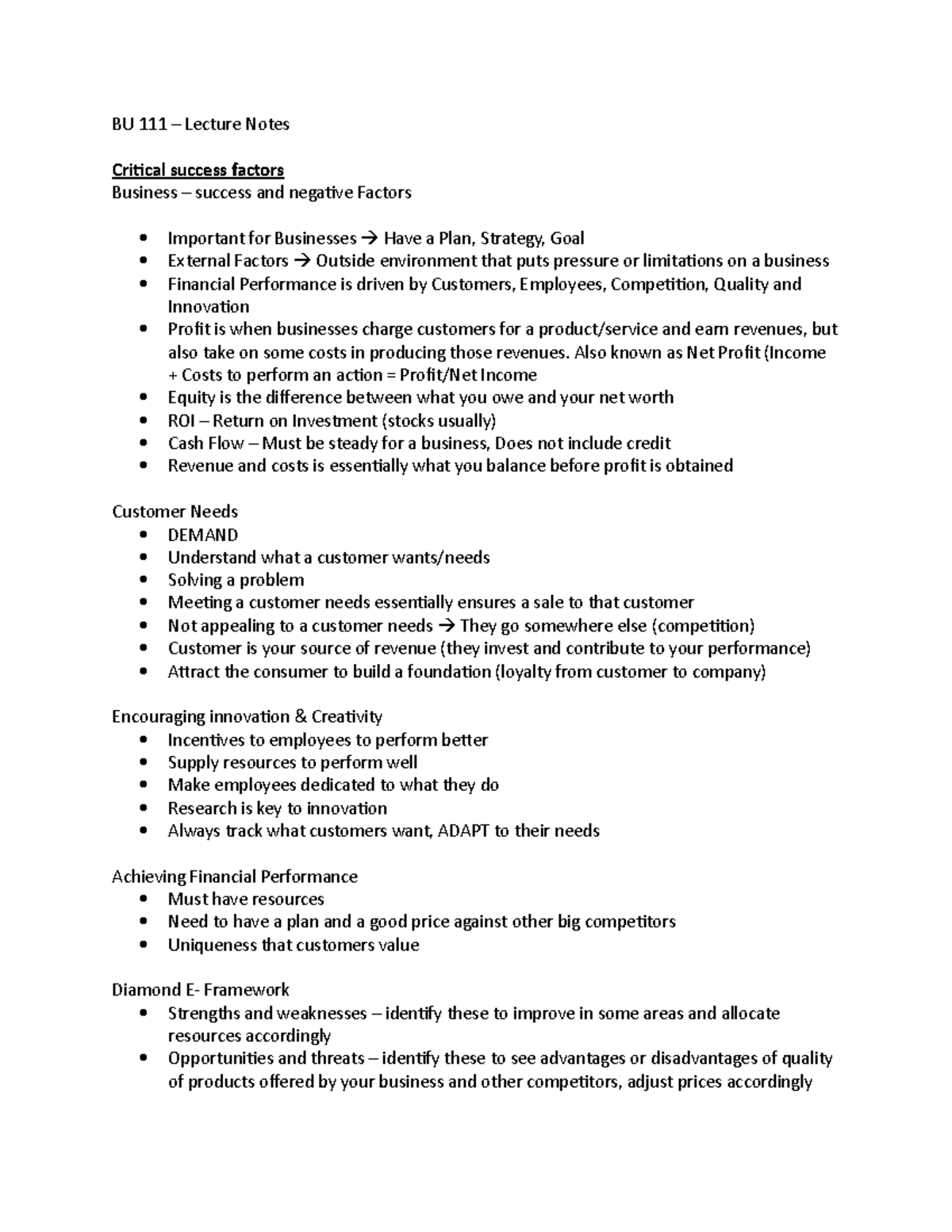BU 111 - Lecture 1 Notes - BU 111 – Lecture Notes Critical success ...