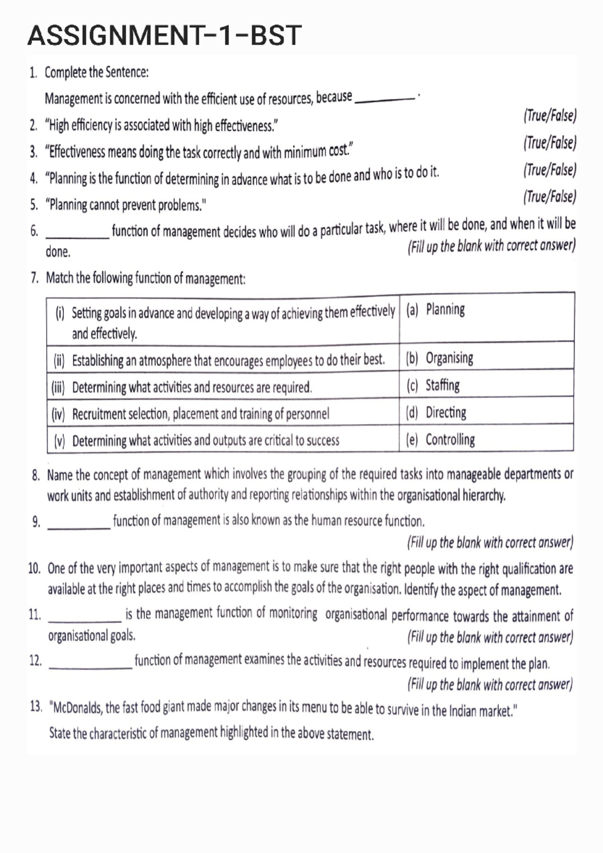 Assignment-1- Bst 240412 204934 - 1. Complete the Sentence: Management ...