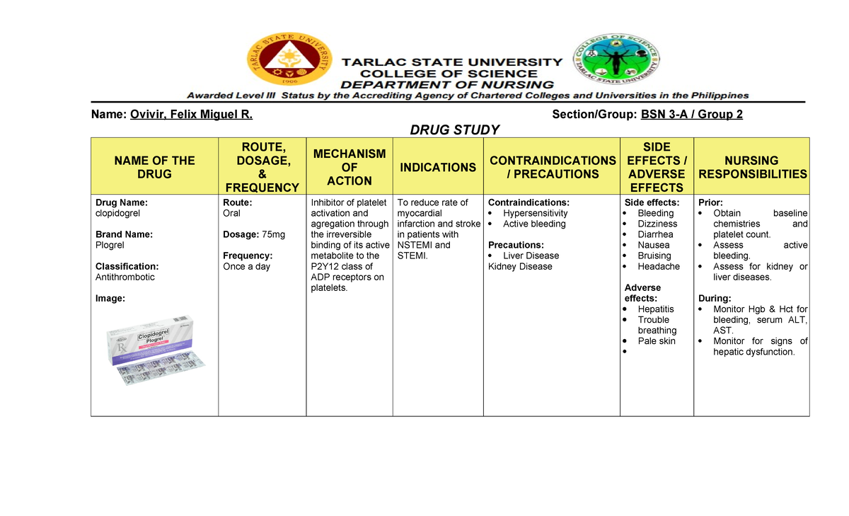 Clopidogrel - Drug study. - Name: Ovivir, Felix Miguel R. Section/Group ...