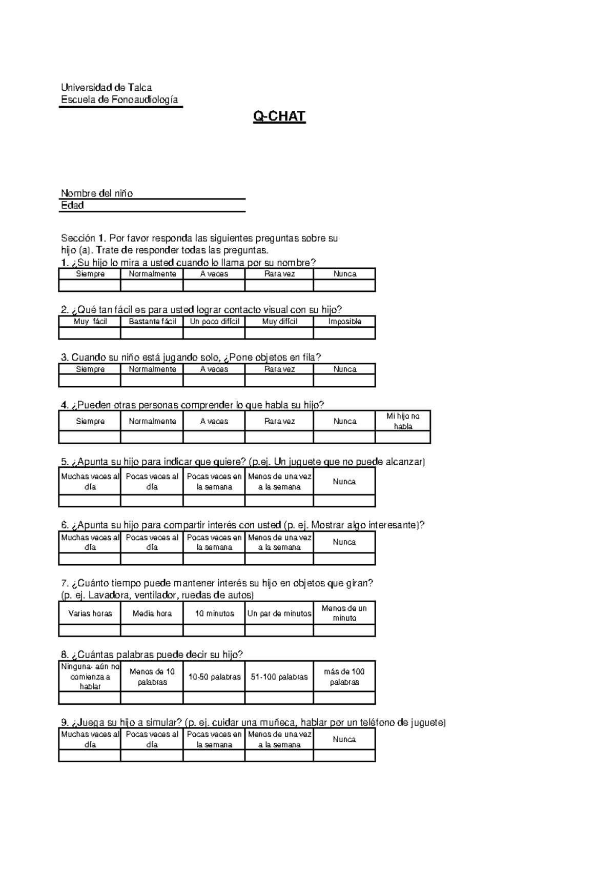 Qchat Español Chile - Cuestionario para detección temprana de TEA ...