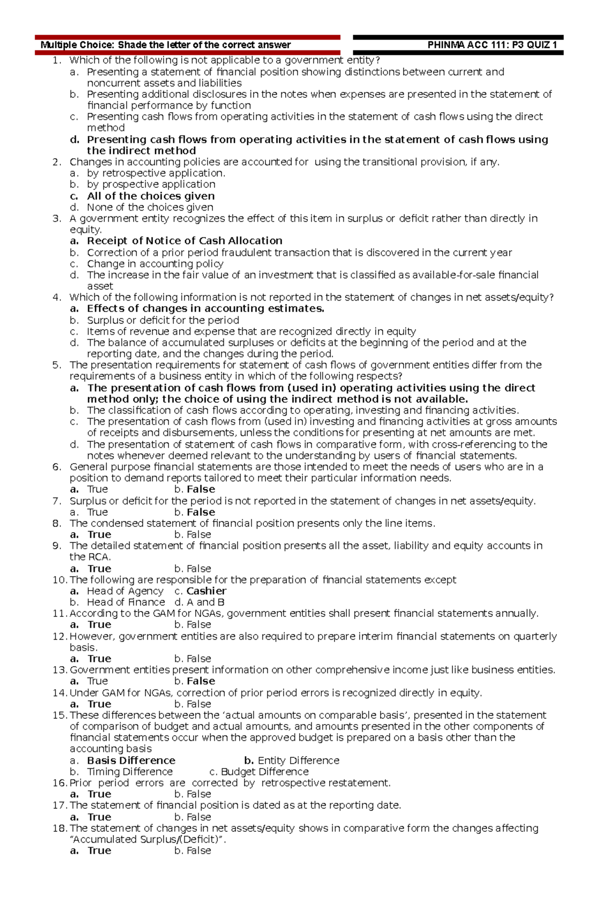 ACC 111 P3Q2 ANS KEY - Practice set - Multiple Choice: Shade the letter ...