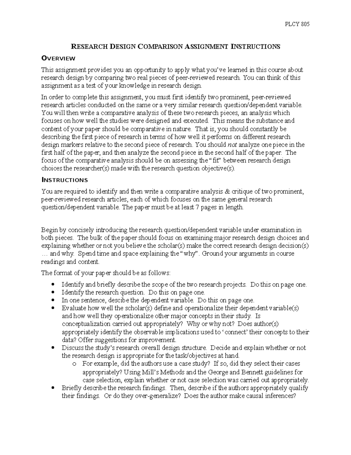 Research+Design+Comparison+Assignment+Instructions - PLCY 805 RESEARCH DESIGN COMPARISON ...