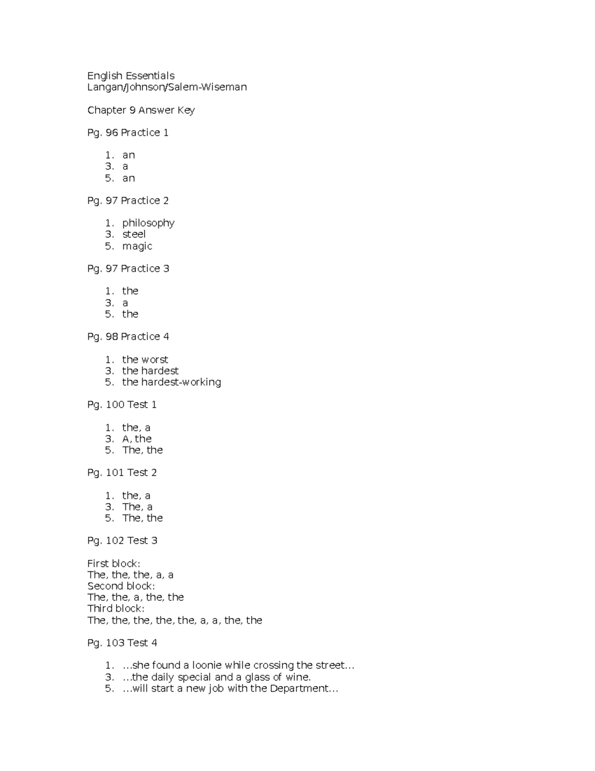 Ch 9 Answer Key Student - English Essentials Langan/Johnson/Salem ...