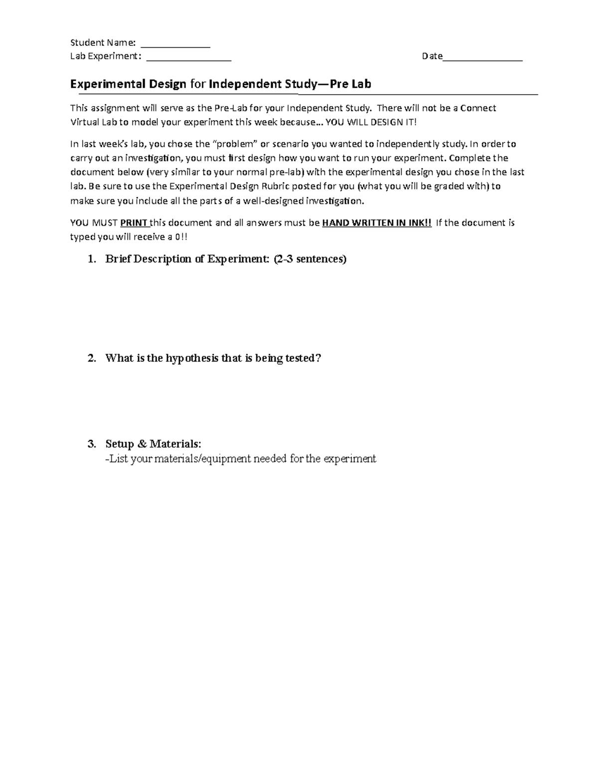 Experimental Design for Independent Study - Lab Experiment ...
