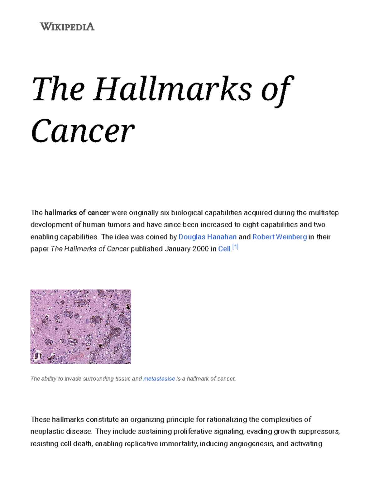 The Hallmarks of Cancer - Wikipedia - The Hallmarks of Cancer The ...