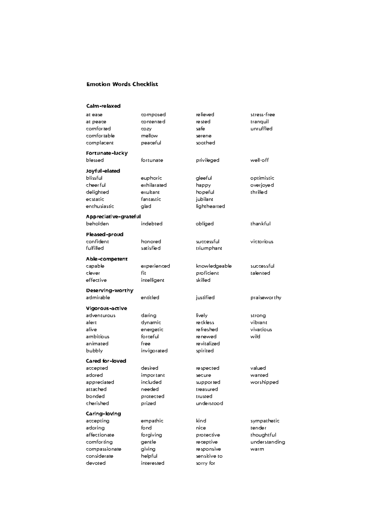 CNPS 362 Textbook Emotion Words Checklist - Emotion Words Checklist ...