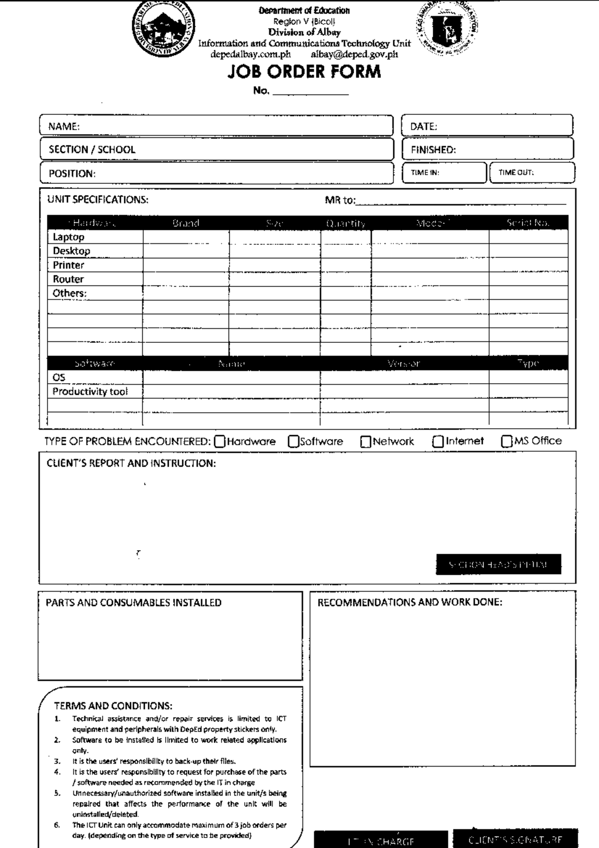 Job Order Form - N/A - DEPARTMENT Department of Education TELLY Region ...