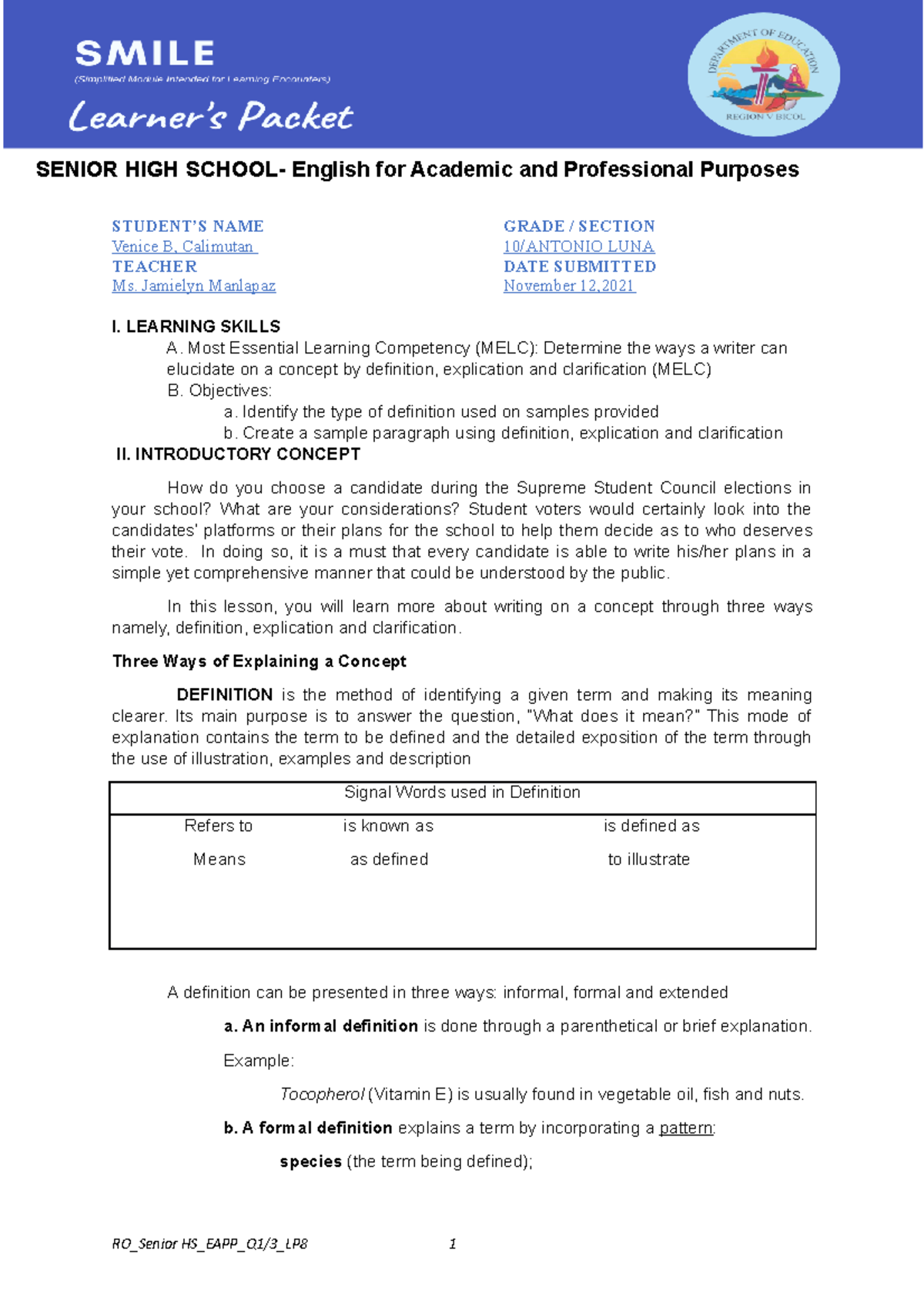 RO EAPP Grade-11-12 S1-2 Q1-3 -LP-8 - STUDENT’S NAME GRADE / SECTION ...