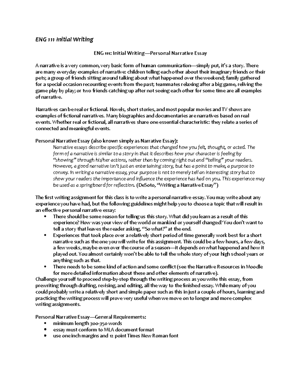 ENG 111 Initial Writing Assignment - Narraritve Essay - ENG 111 Initial ...