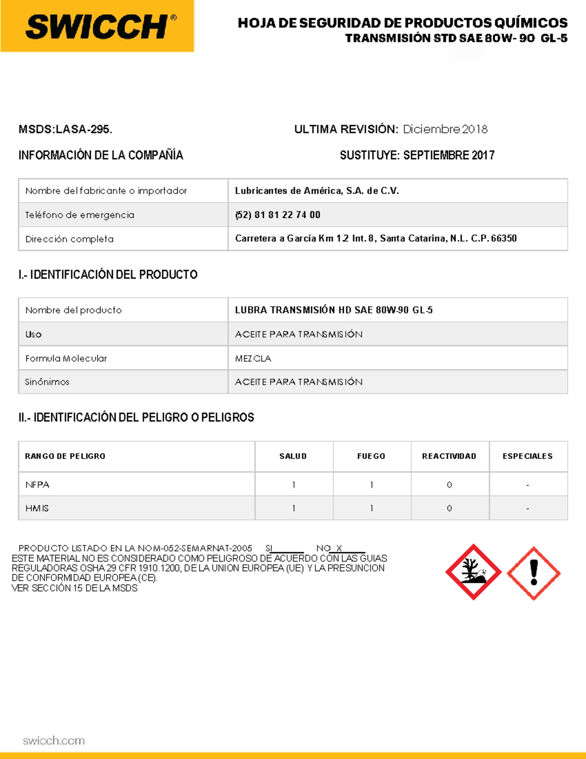 Hoja de seguridad Swicch SAE80W-90 - MSDS:LASA-295. ULTIMA REVISI”N ...
