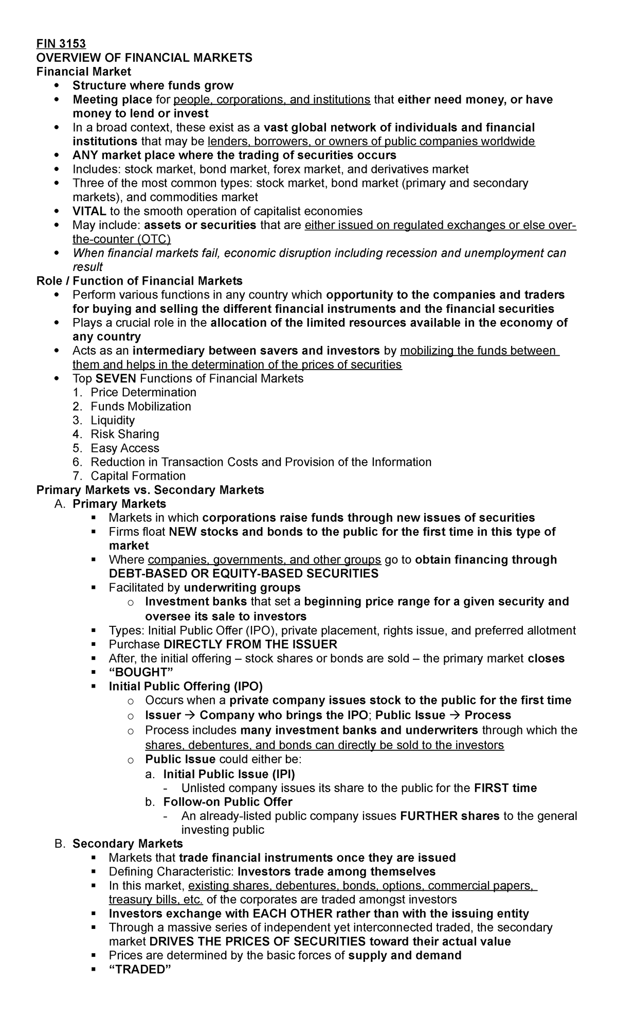 1. Overview OF Financial Markets - FIN 3153 OVERVIEW OF FINANCIAL ...