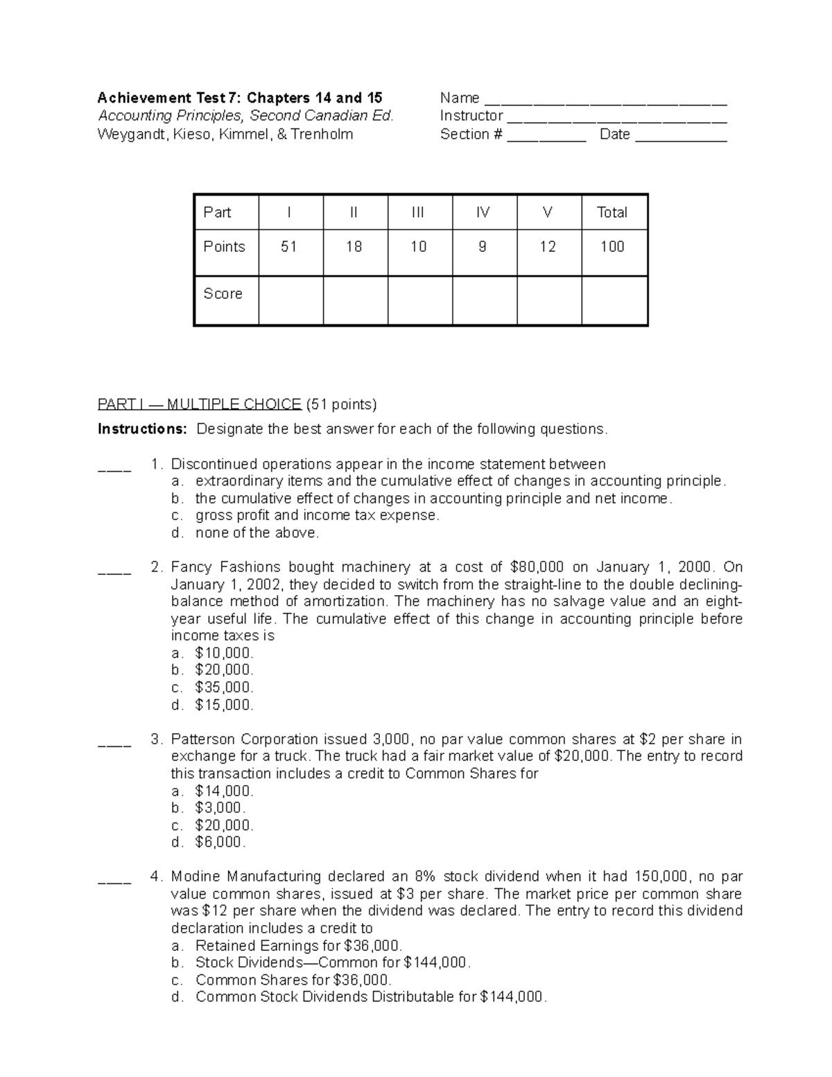 Achieve Test 7 - Accounting test chapter 7 - Achievement Test 7 ...