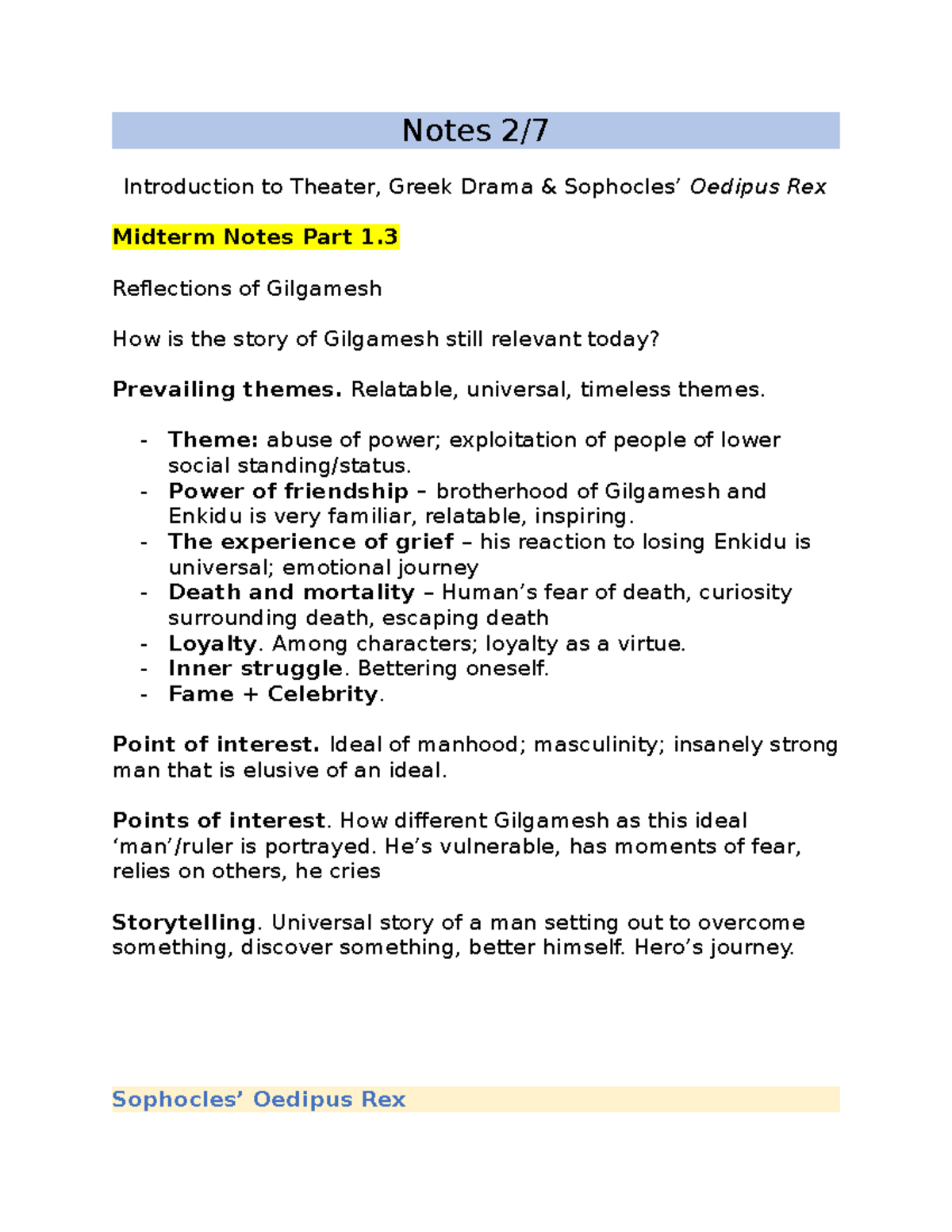 Notes 2 - Notes 2/ Introduction to Theater, Greek Drama & Sophocles ...