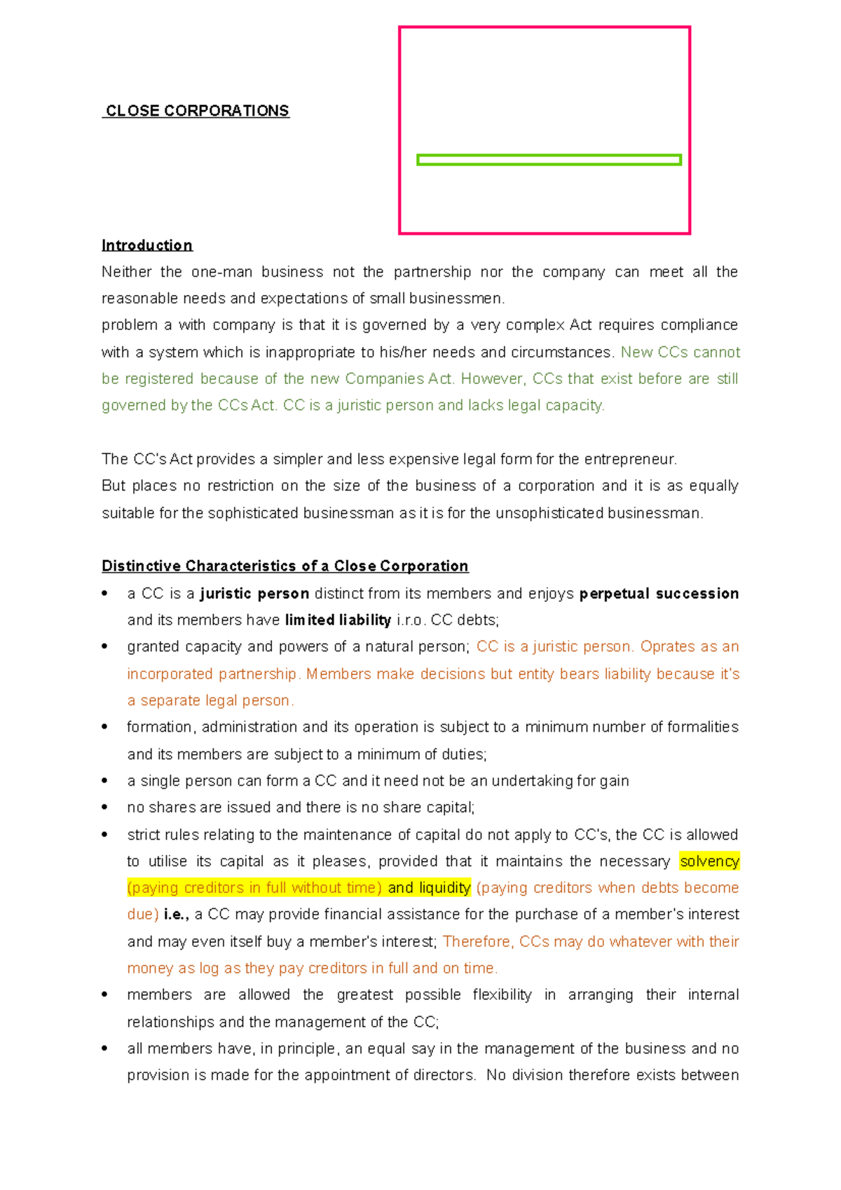 Close corporations 1 - entities notes - CLOSE CORPORATIONS Introduction ...