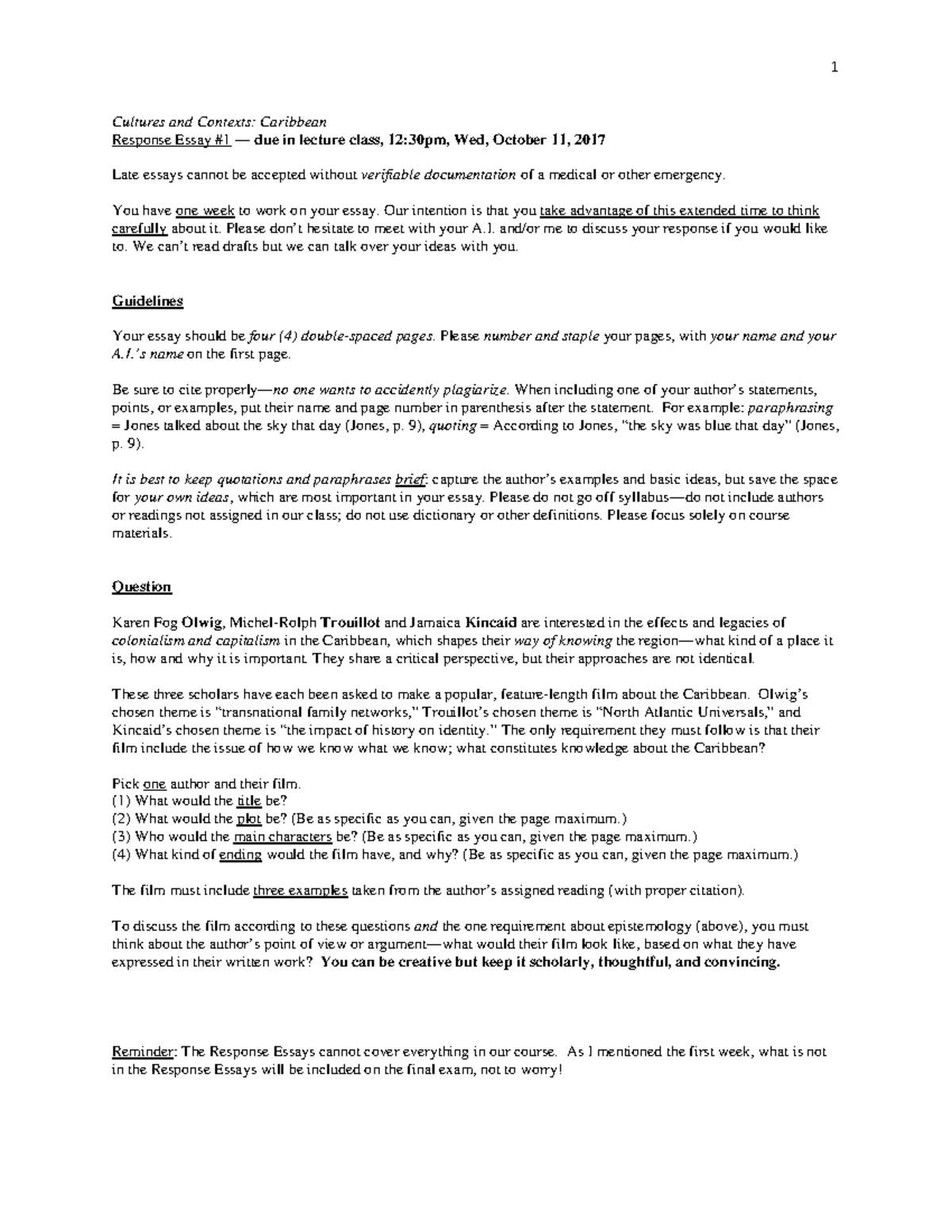 C and C Caribbean fall 2017 Response Essay 1 - 1 Cultures and Contexts ...