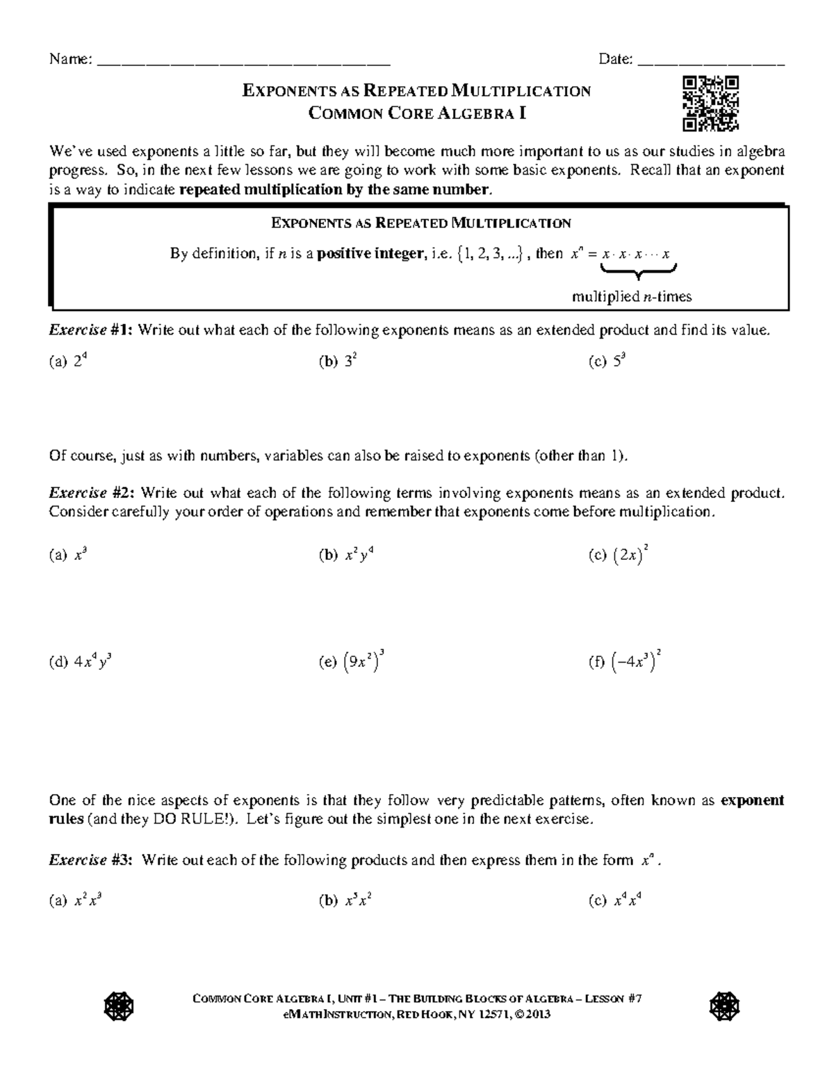 Math - Exponents as repeated multiplication in lesson 1-7. - Name ...