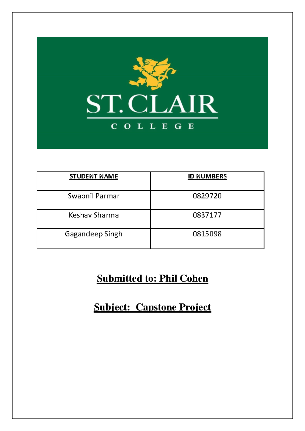 Capstone project kiwis - STUDENT NAME ID NUMBERS Swapnil Parmar 0829720 ...